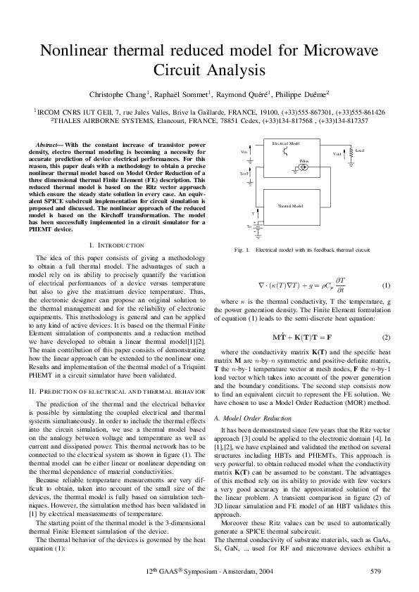 Pdf Nonlinear Thermal Reduced Model For Microwave Circuit Analysis