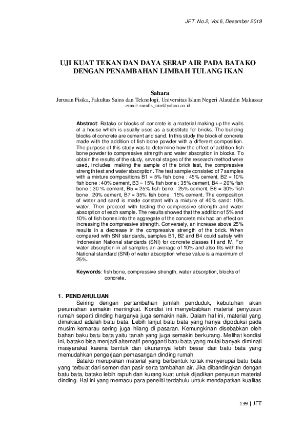 (PDF) Uji Kuat Tekan Dan Daya Serap Air Pada Batako Dengan Penambahan Limbah Tulang Ikan