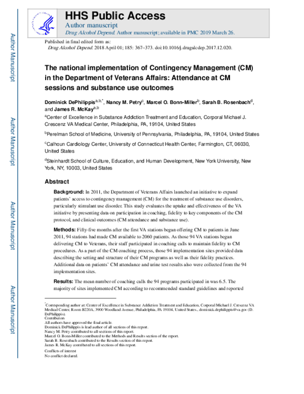(PDF) The national implementation of Contingency Management (CM) in the Department of Veterans ...