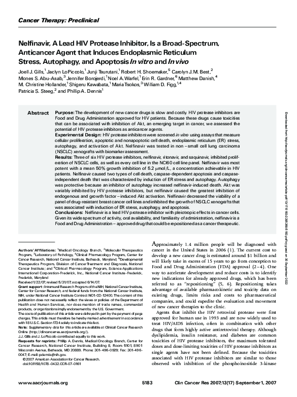 (PDF) Nelfinavir, A Lead HIV Protease Inhibitor, Is a Broad-Spectrum, Anticancer Agent that ...