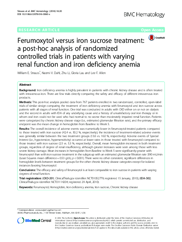 (PDF) Ferumoxytol versus iron sucrose treatment: a post-hoc analysis of randomized controlled ...
