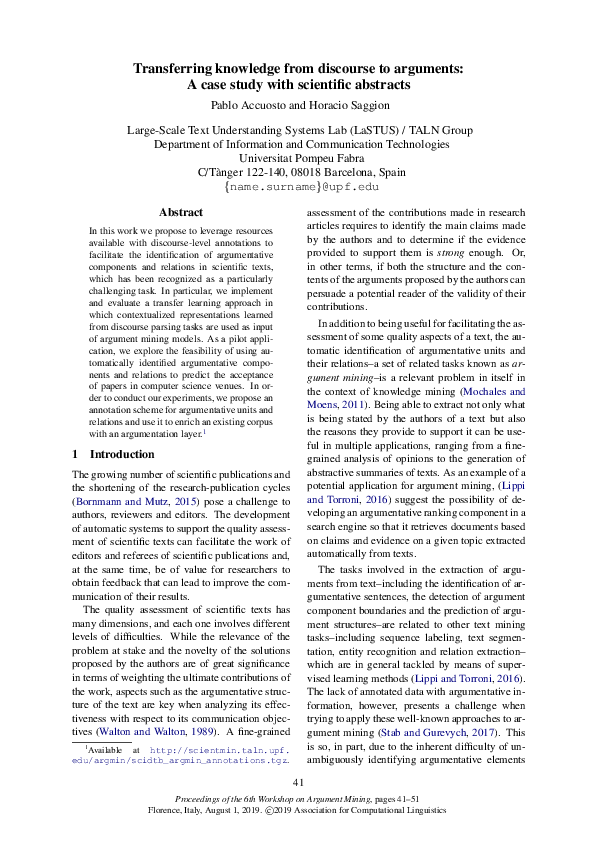 (PDF) Transferring Knowledge from Discourse to Arguments: A Case Study with Scientific Abstracts