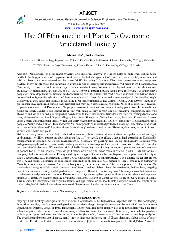 (PDF) Use Of Ethnomedicinal Plants To Overcome Paracetamol Toxicity