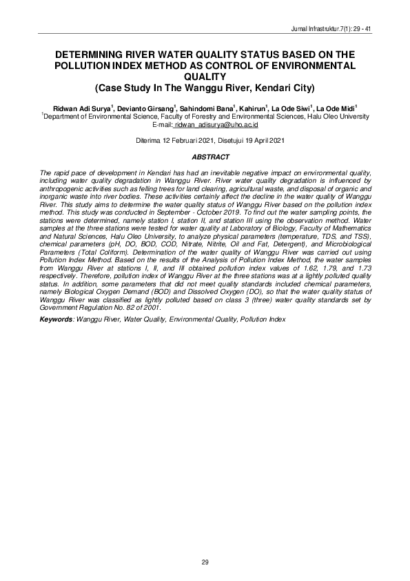 (PDF) Determining River Water Quality Status Based on the Pollution Index Method as Control of ...
