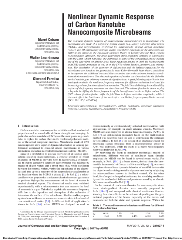 (PDF) Nonlinear Dynamic Response of Carbon Nanotube Nanocomposite Microbeams | Walter ...