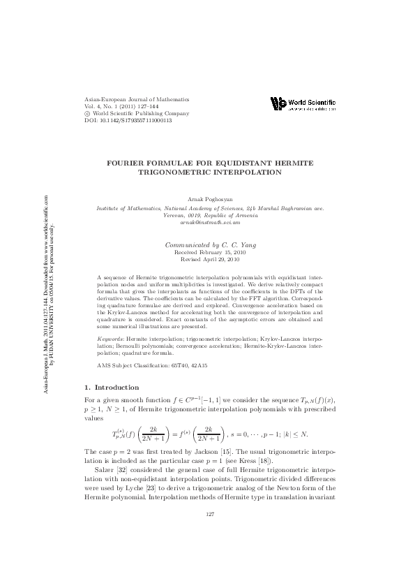 Pdf Fourier Formulae For Equidistant Hermite Trigonometric Interpolation