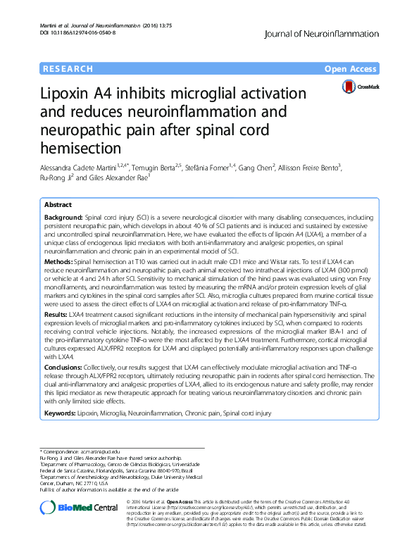 (PDF) Lipoxin A4 inhibits microglial activation and reduces ...