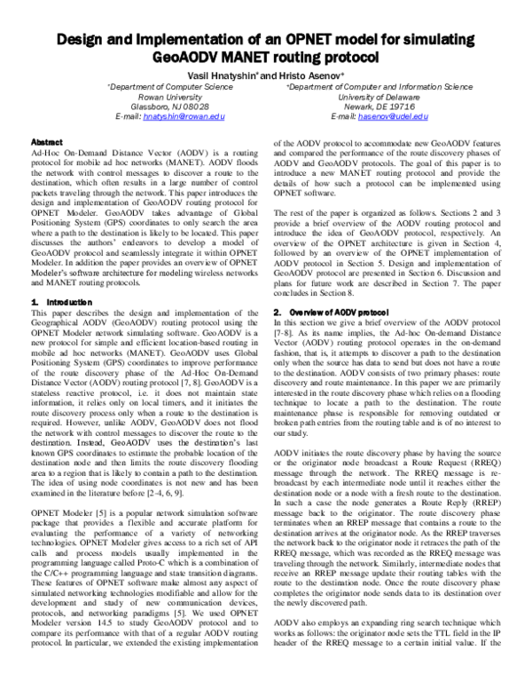 (PDF) Design and Implementation of An OPNET Model for Simulating GeoAODV MANET Routing Protocol