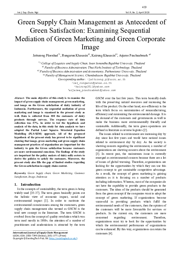 (PDF) Green Supply Chain Management as Antecedent of Green Satisfaction: Examining Sequential ...