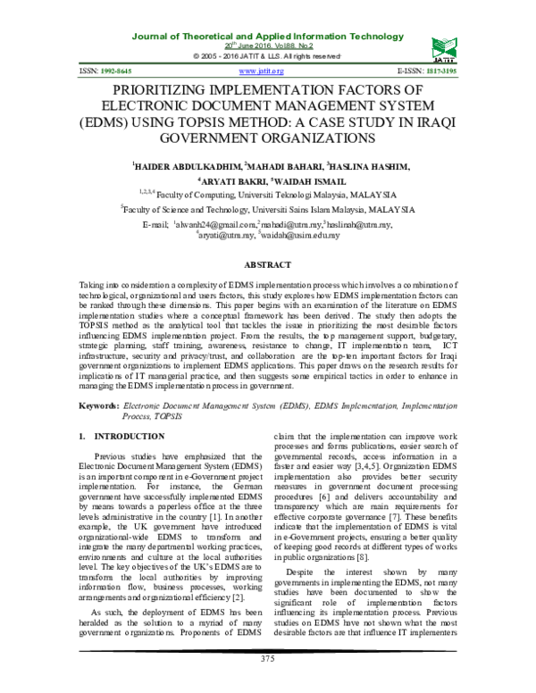 (PDF) Prioritizing implementation factors of electronic document management system (EDMS) using ...