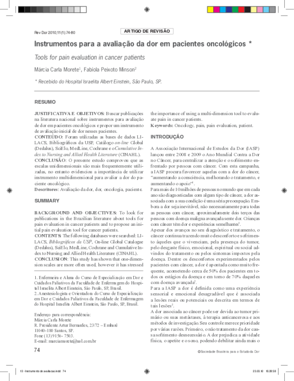 (PDF) Instrumentos para avaliação da dor em pacientes oncológicos
