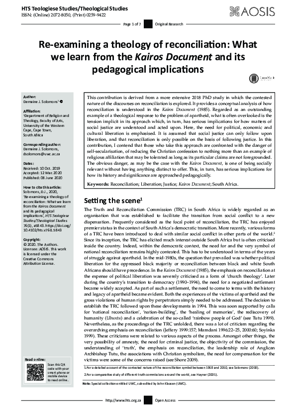 (PDF) Re-examining a theology of reconciliation: What we learn from the ...