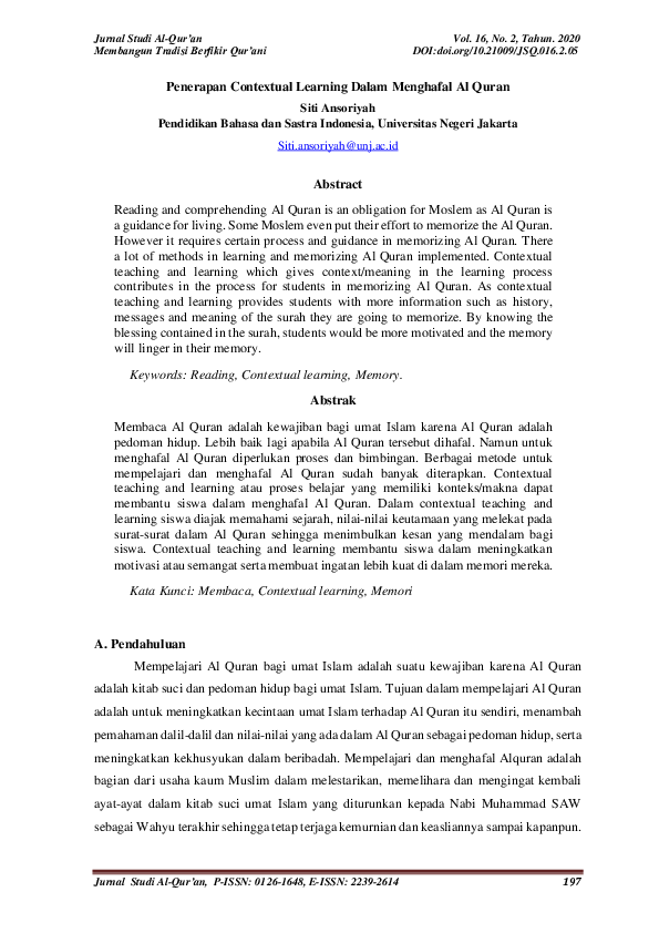 (PDF) Implementation of Contextual Learning in Memorizing Alquran