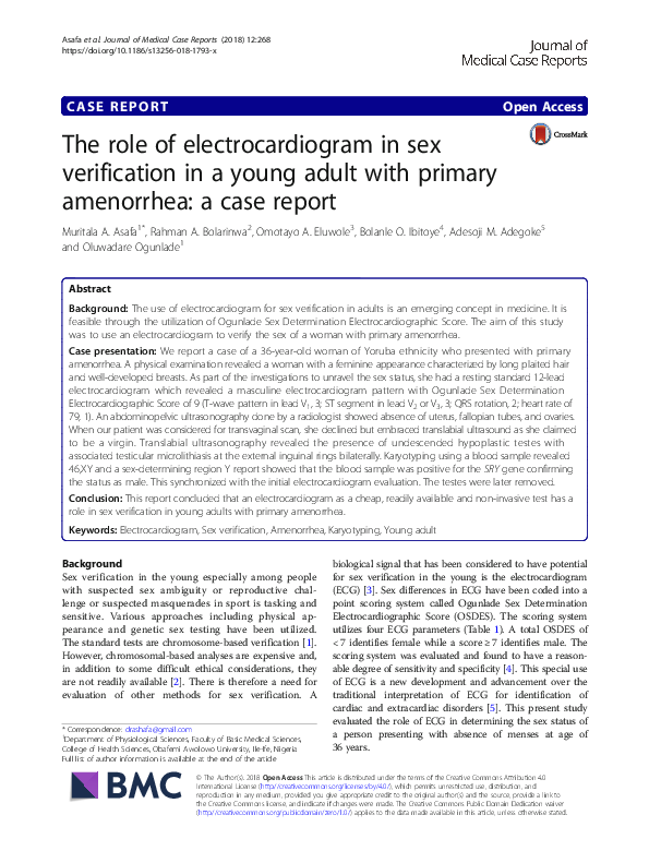 Pdf The Role Of Electrocardiogram In Sex Verification In A Young Adult With Primary Amenorrhea