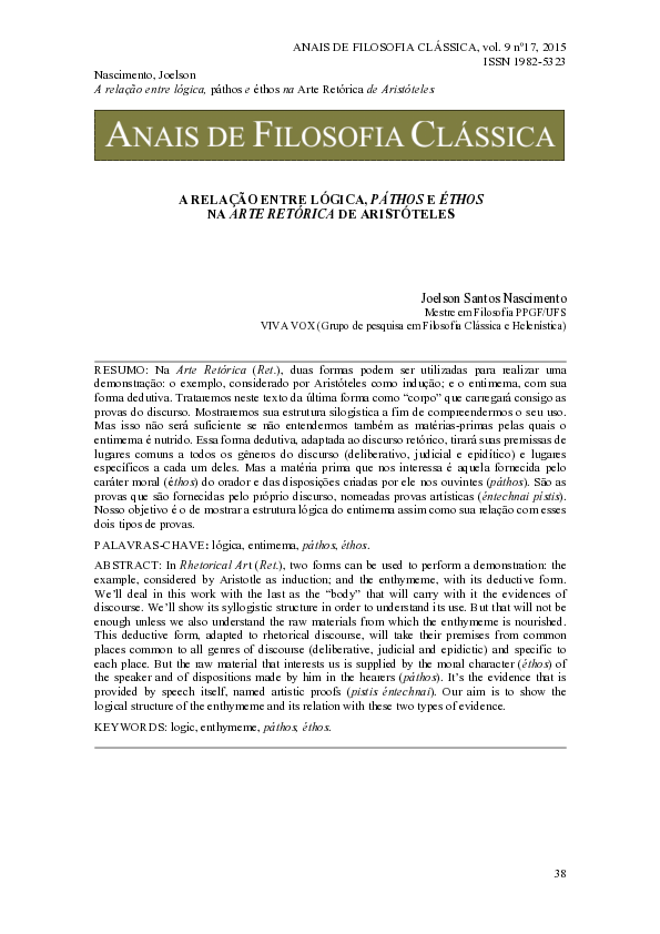 Pdf A Relação Entre Lógica Pathos E Ethos Na Retórica De Aristóteles