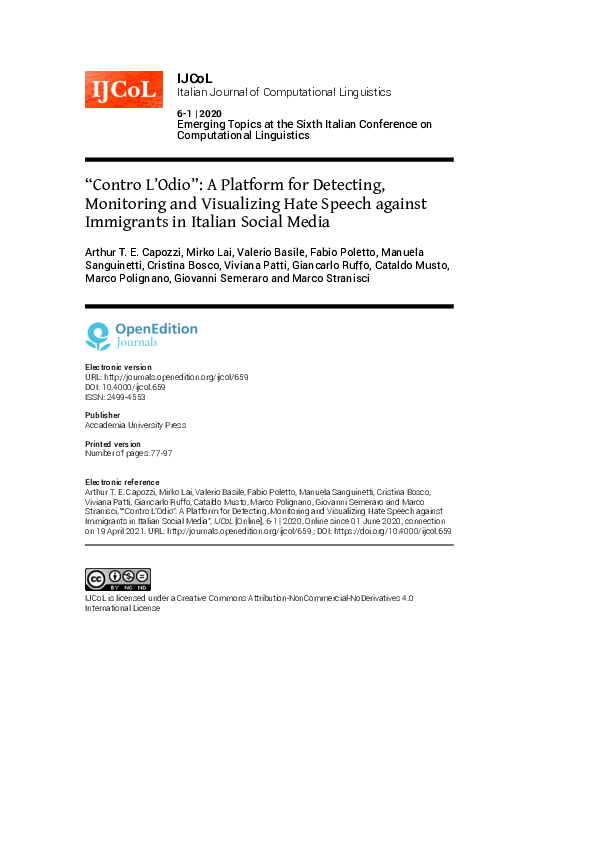 (PDF) “Contro L’Odio”: A Platform for Detecting, Monitoring and ... (PDF) “Contro L’Odio”: A Platform for Detecting, Monitoring and ...