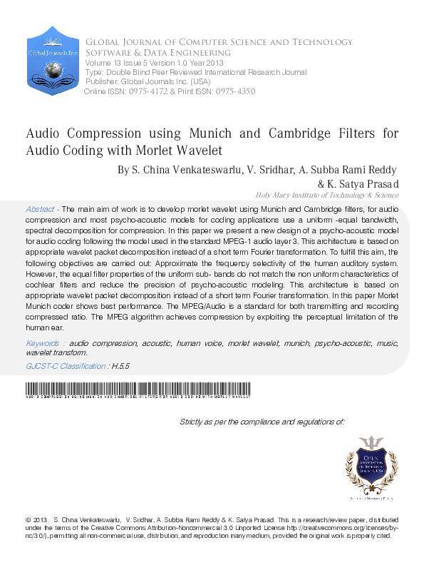(PDF) Audio Compression using Munich and Cambridge Filters for Audio Coding with Morlet Wavelet
