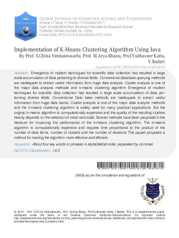 (PDF) Implementation of K-means Clustering Algorithm using Java