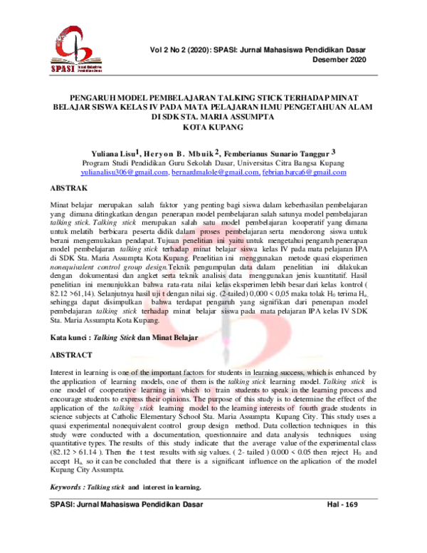 (PDF) Pengaruh Model Pembelajaran Talking Stick Terhadap Minat Belajar Siswa Kelas IV Pada Mata ...