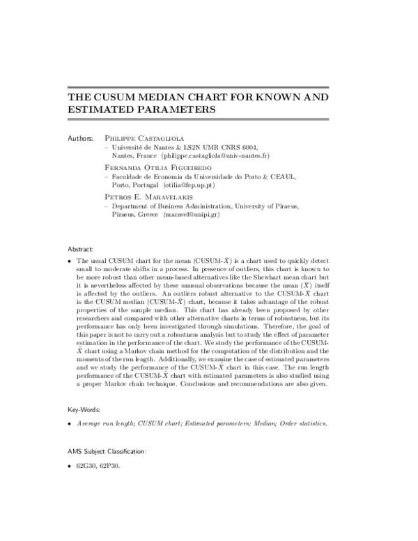 (PDF) The Cusum Median Chart for Known and Estimated Parameters