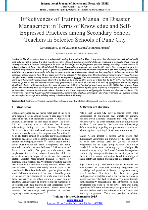(PDF) Effectiveness of Training Manual on Disaster Management in Terms ...