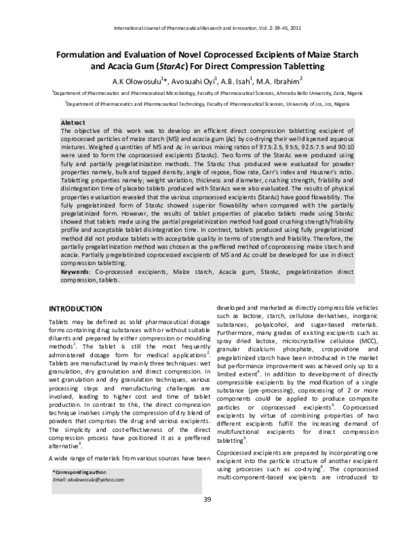 (PDF) Formulation and Evaluation of Novel Coprocessed Excipients of ...
