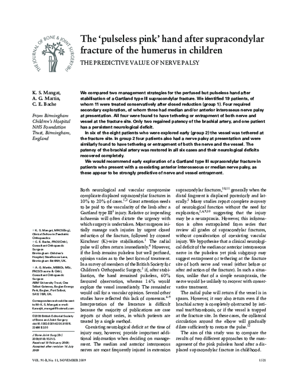 (PDF) The ‘pulseless pink’ hand after supracondylar fracture of the ...