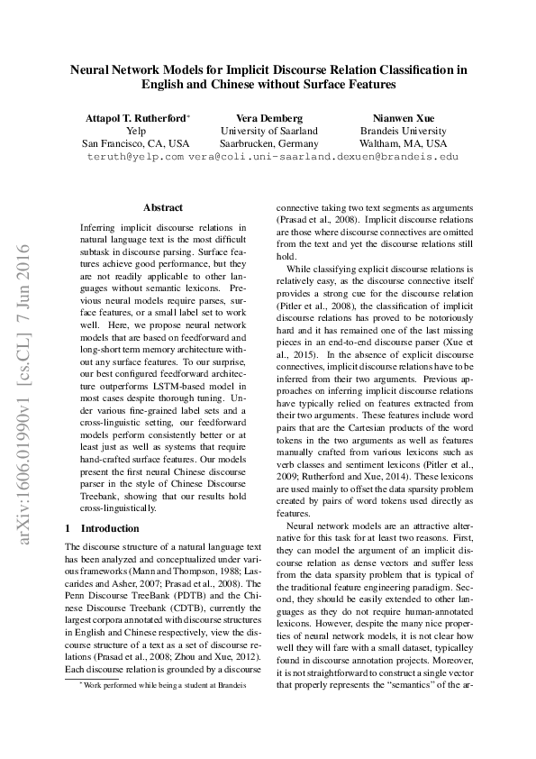 (PDF) Neural Network Models for Implicit Discourse Relation Classification in English and ...