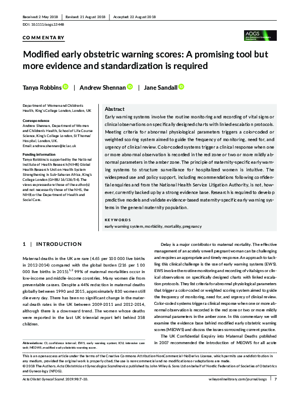 (PDF) Modified early obstetric warning scores: A promising tool but ...