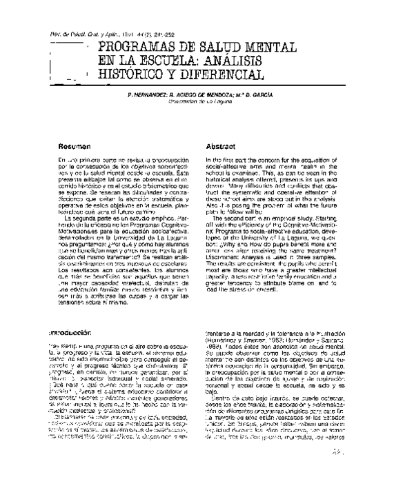 (PDF) Programas de salud mental en la escuela: Análisis histórico y diferencial