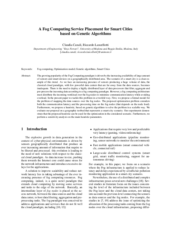 Pdf A Fog Computing Service Placement For Smart Cities Based On Genetic Algorithms Claudia