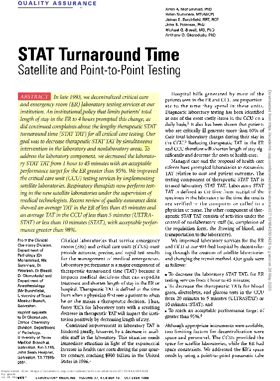 (PDF) STAT Turnaround Time: Satellite and Point-to-Point Testing