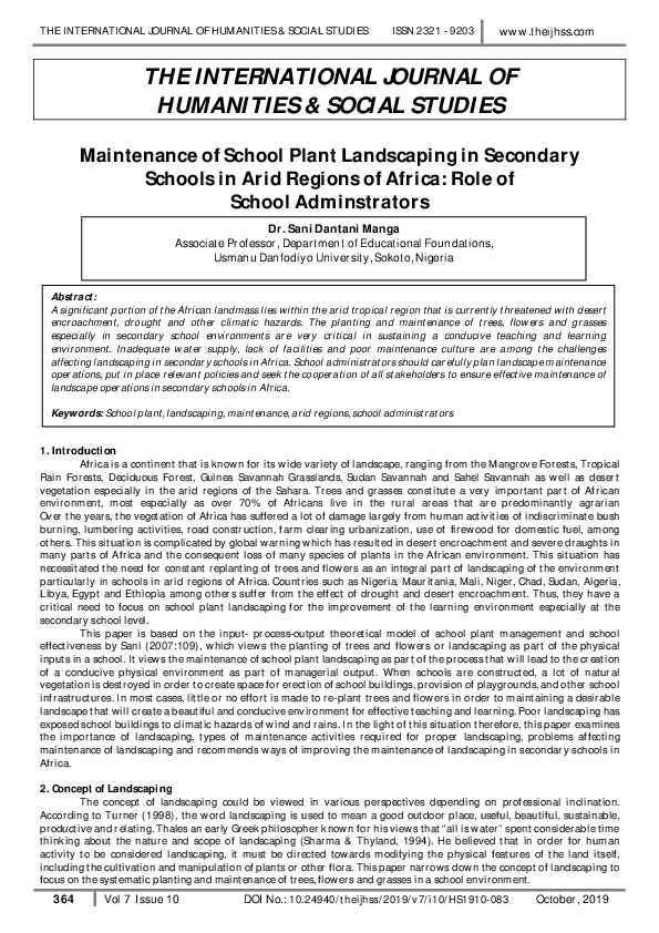 (PDF) Maintenance of School Plant Landscaping in Secondary Schools in ...