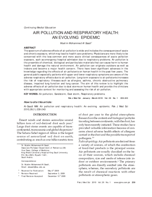 (PDF) Air pollution and respiratory health: An evolving epidemic ...