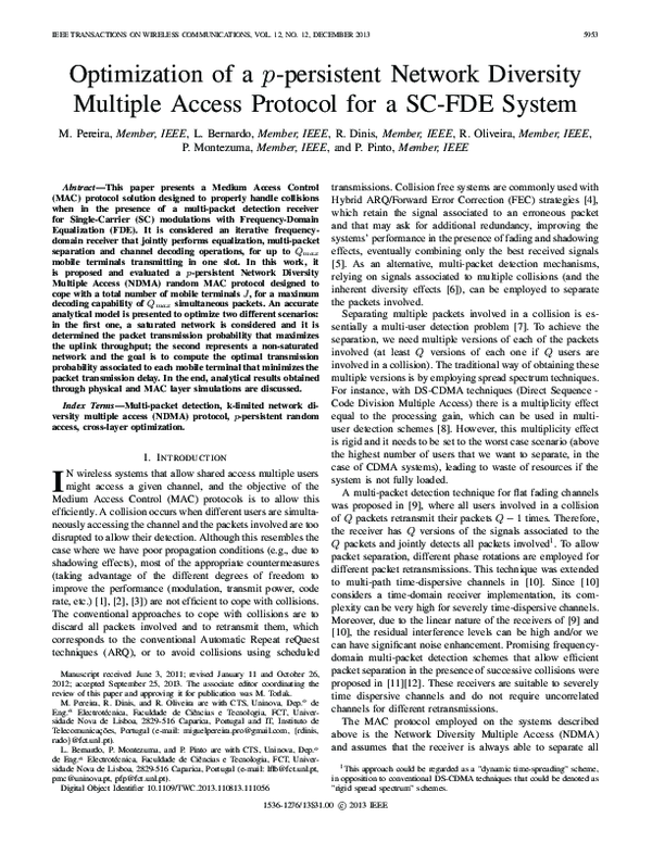 Pdf Optimization Of A P Persistent Network Diversity Multiple Access Protocol For A Sc Fde System