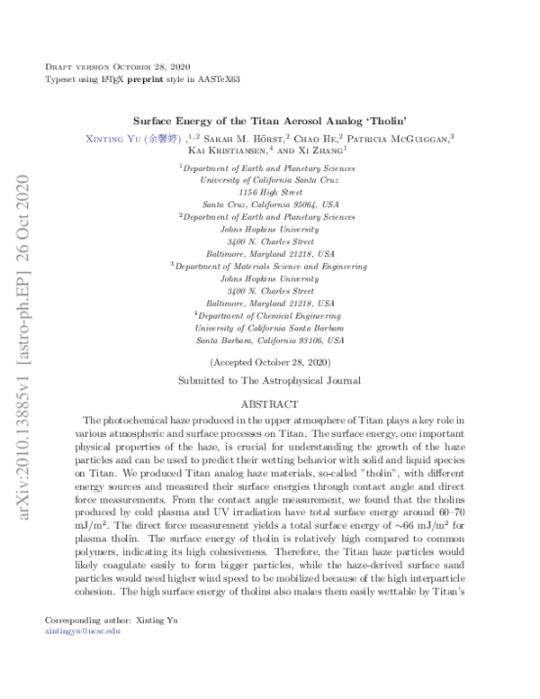 (PDF) Surface energy of the Titan aerosol analog "tholin": implications ...