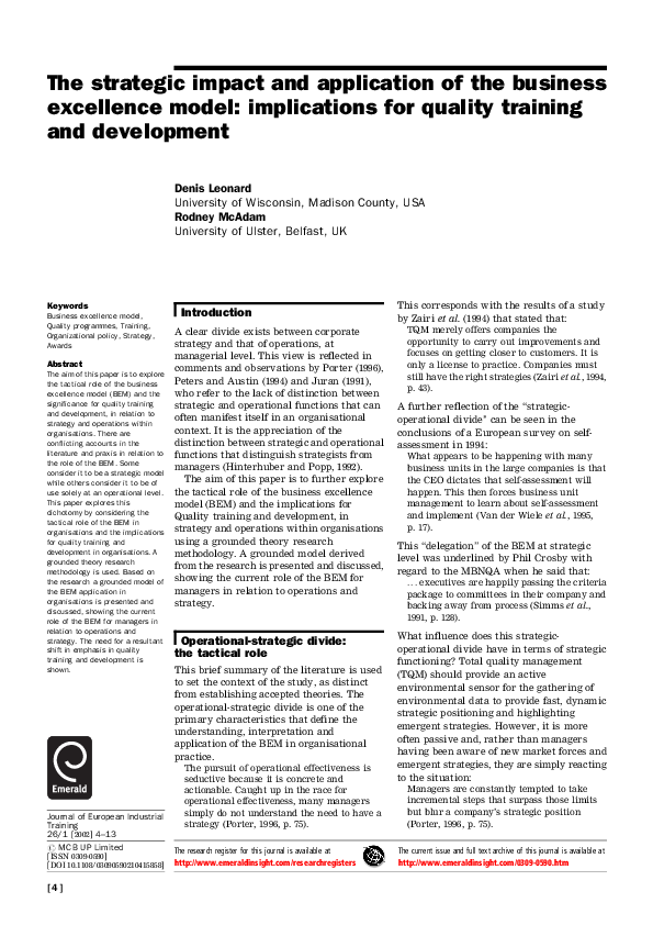 (PDF) The strategic impact and application of the business excellence ...