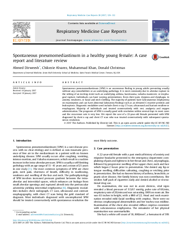 (PDF) Spontaneous pneumomediastinum in a healthy young female: A case ...