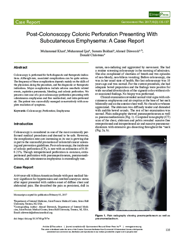 Pdf Post Colonoscopy Colonic Perforation Presenting With Subcutaneous Emphysema A Case Report