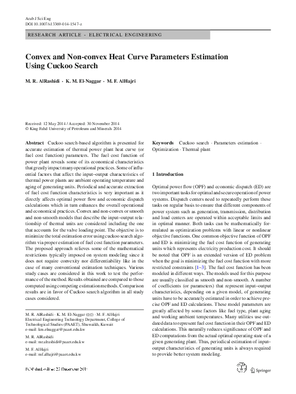 (PDF) Convex and Non-convex Heat Curve Parameters Estimation Using Cuckoo Search | M. Alhajri ...