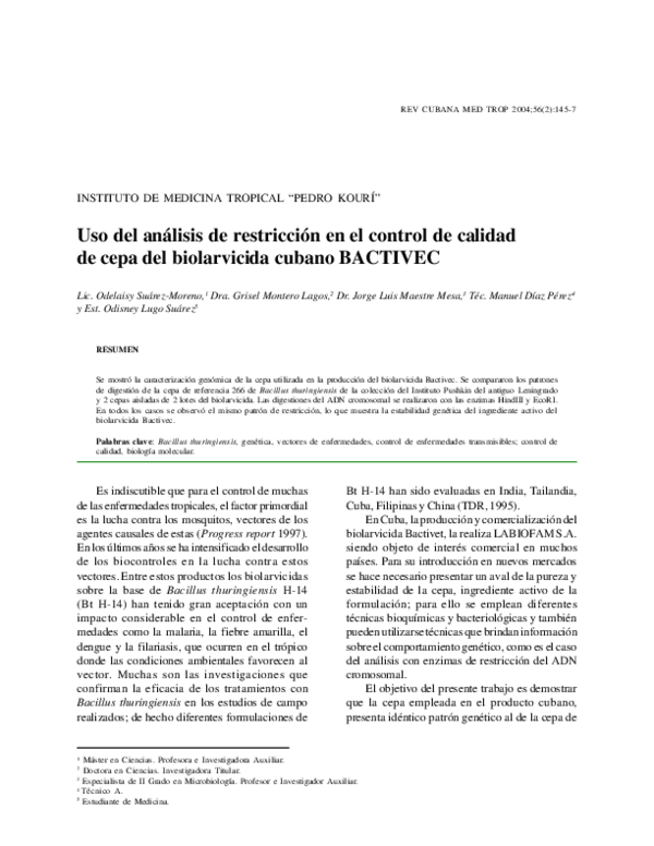 (PDF) Uso del análisis de restricción en el control de calidad de cepa ...