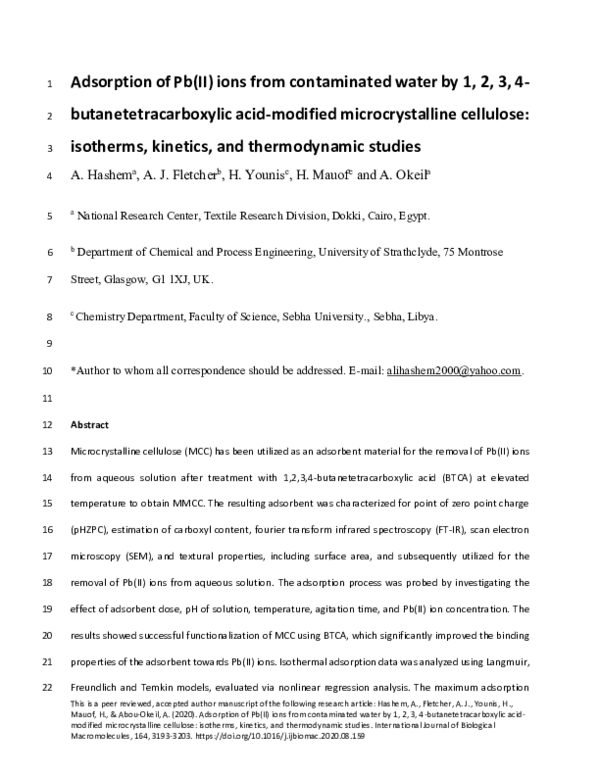 (PDF) Adsorption of Pb(II) ions from contaminated water by 1,2,3,4-butanetetracarboxylic acid ...