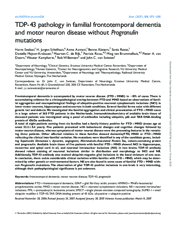 (PDF) TDP-43 pathology in familial frontotemporal dementia and motor ...