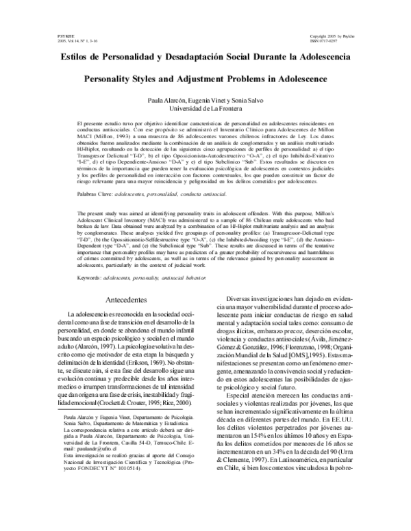 (PDF) Estilos de Personalidad y Desadaptación Social Durante la ...