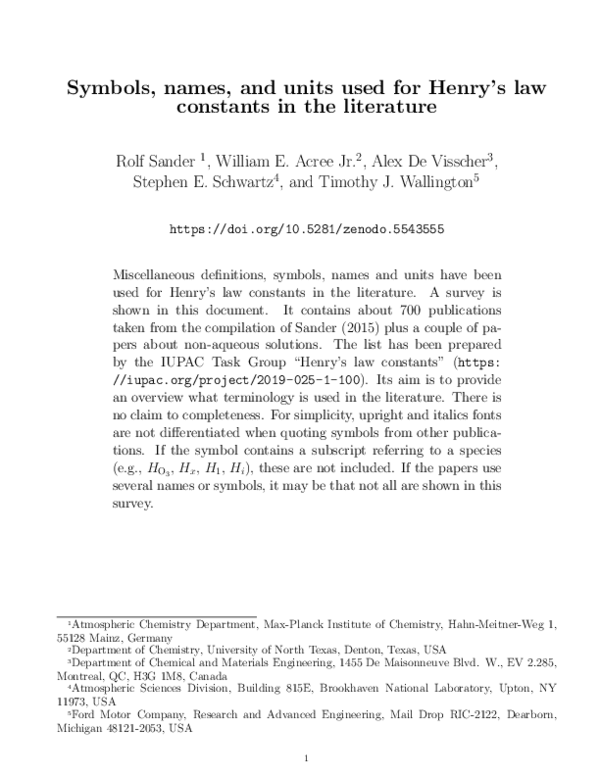 (PDF) Symbols, names, and units used for Henry's law constants in the ...