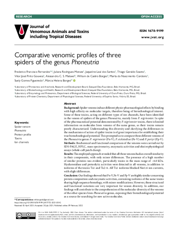 (PDF) Comparative venomic profiles of three spiders of the genus Phoneutria