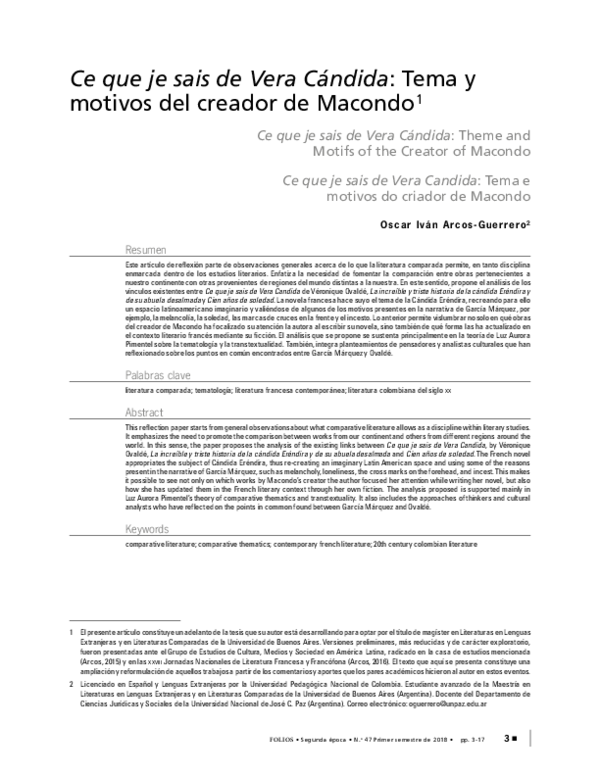 (PDF) Ce que je sais de Vera Cándida: Tema y motivos del creador de Macondo