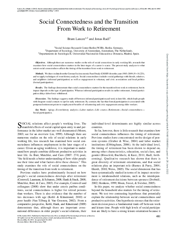 (PDF) Social Connectedness and the Transition From Work to Retirement