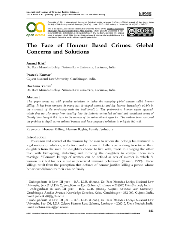 (PDF) The Face of Honour Based Crimes: Global Concerns and Solutions