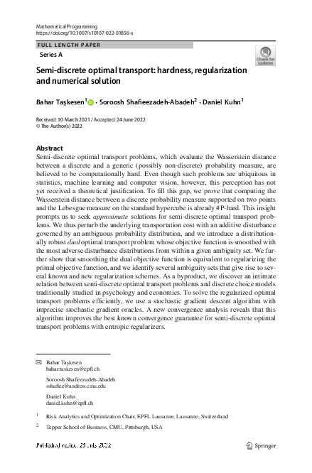 (PDF) Semi-discrete optimal transport: hardness, regularization and numerical solution